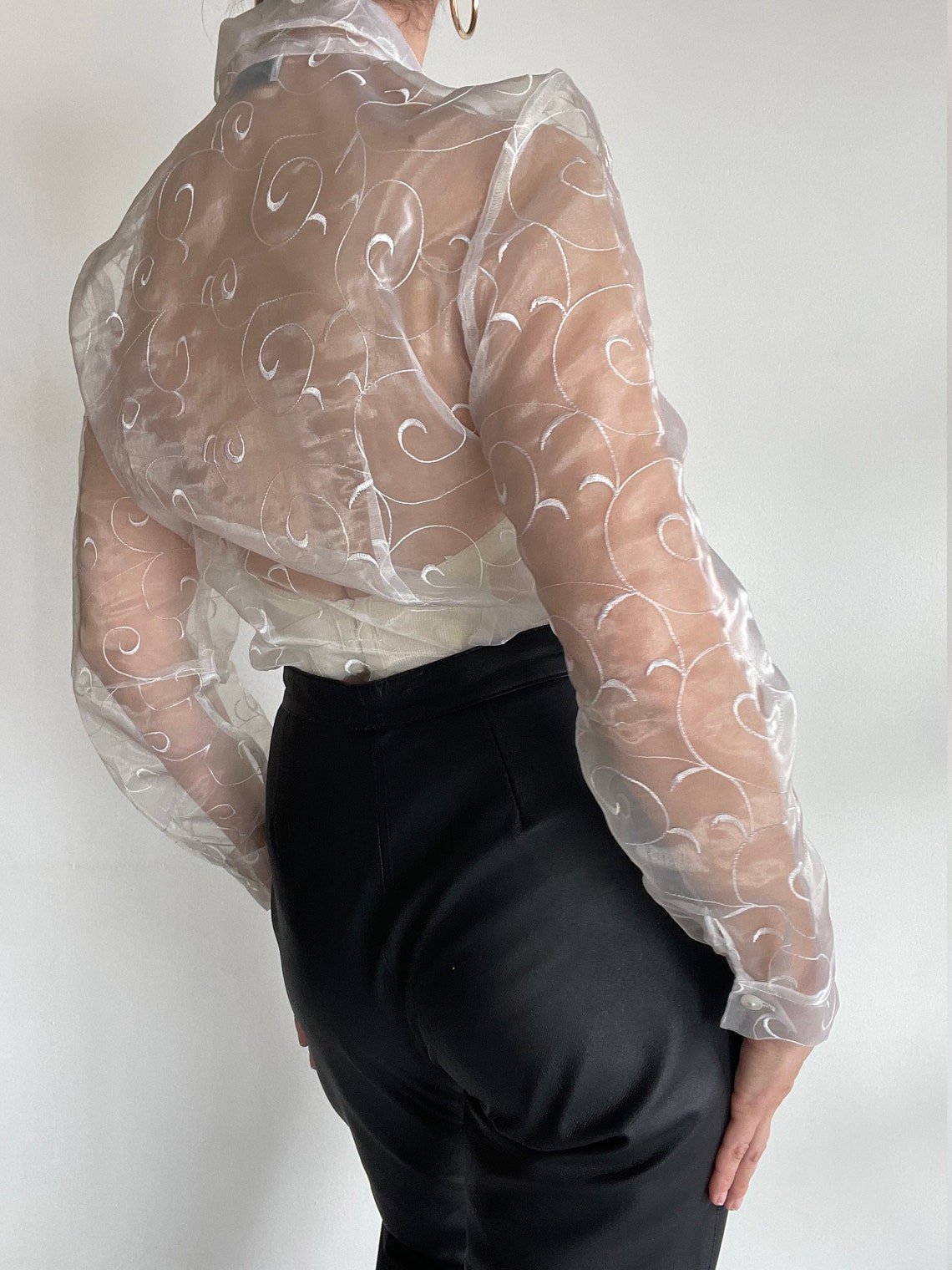 Vintage White Sheer Embroidered Organza Elegant Blouse Size Etsy