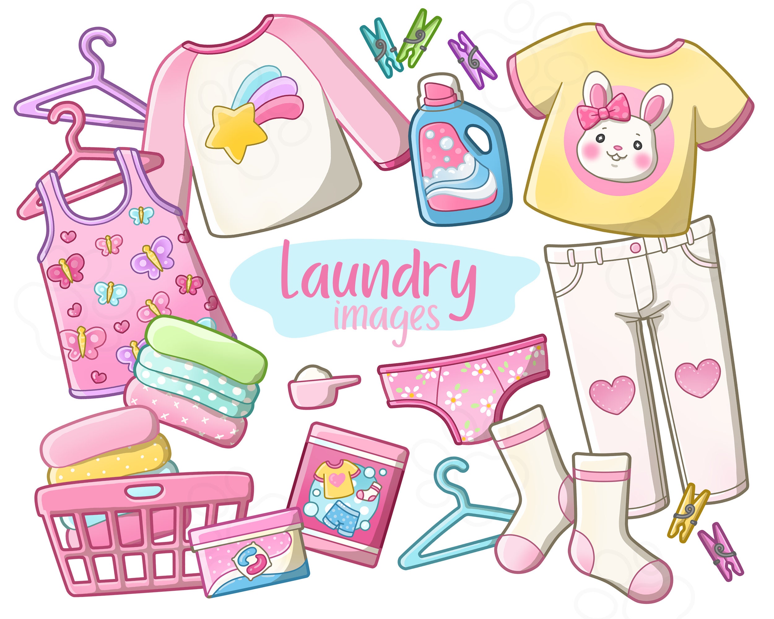 Laundry Day Clip Art – Pink Clothes Washing Illustrations (digital ...