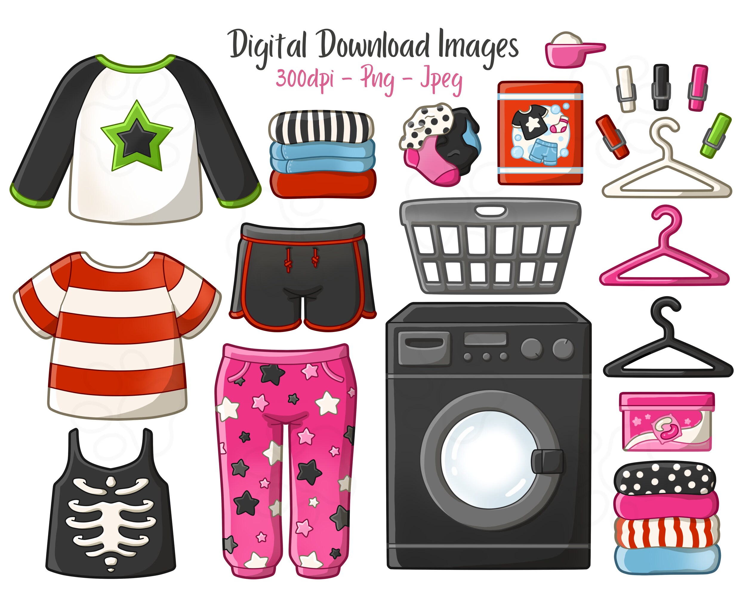 Laundry Day Clip Art – Washing Machine, Clothes Illustrations (digital ...