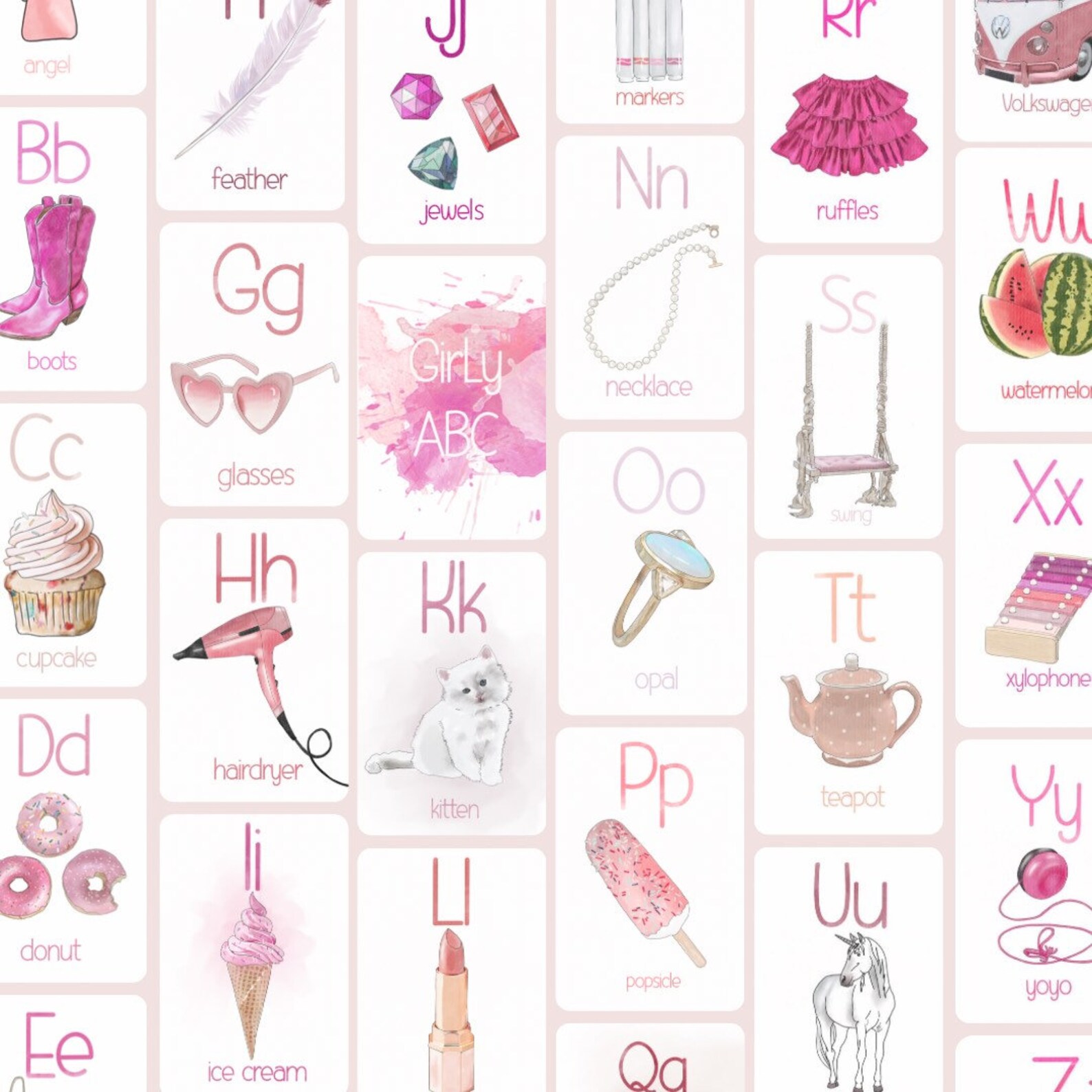 Little Girl Alphabet Flashcards/pink Theme/abc Cards/girl Gifts/girl ...