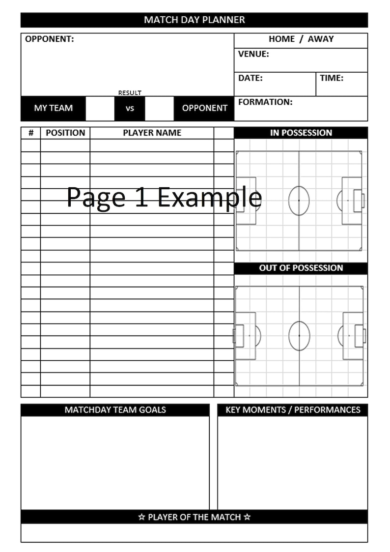 PRINTABLE DOWNLOADABLE Coaches Football Planner Match Day Session Match ...
