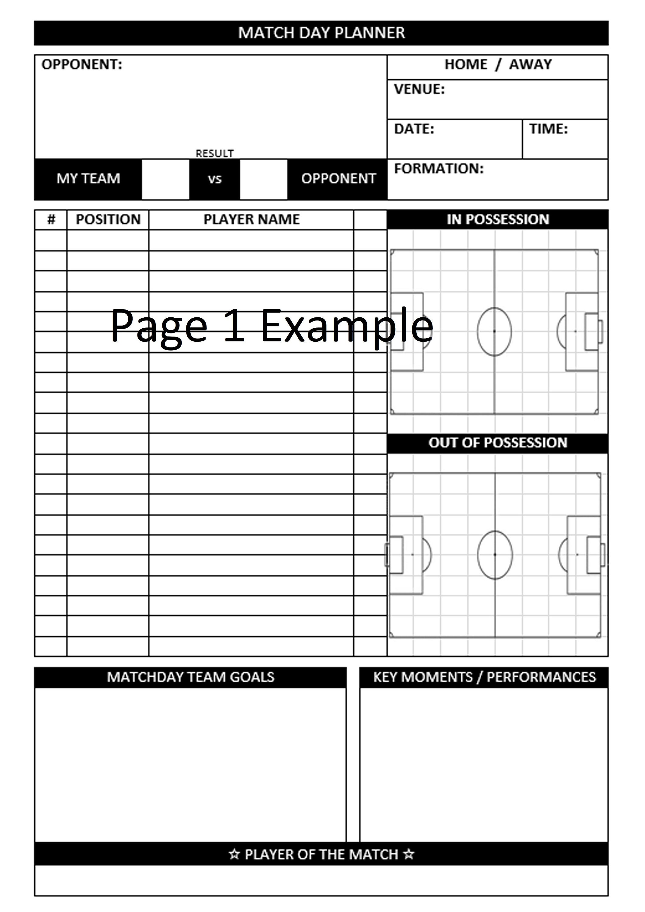 PRINTABLE DOWNLOADABLE Coaches Football Planner Match Day Session Match ...