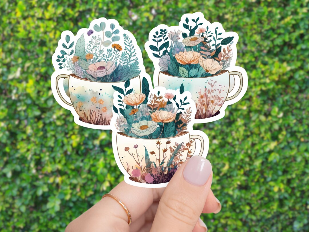 Watercolor Woodland Flowers in Teacup Tea Party Stickers Kiss-cut Vinyl ...