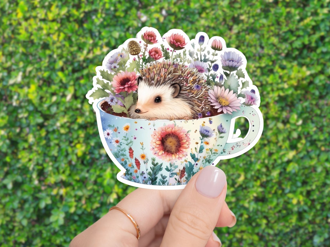 Watercolor Woodland Tea Party Hedgehog Teacup Sticker Kiss-cut Vinyl ...