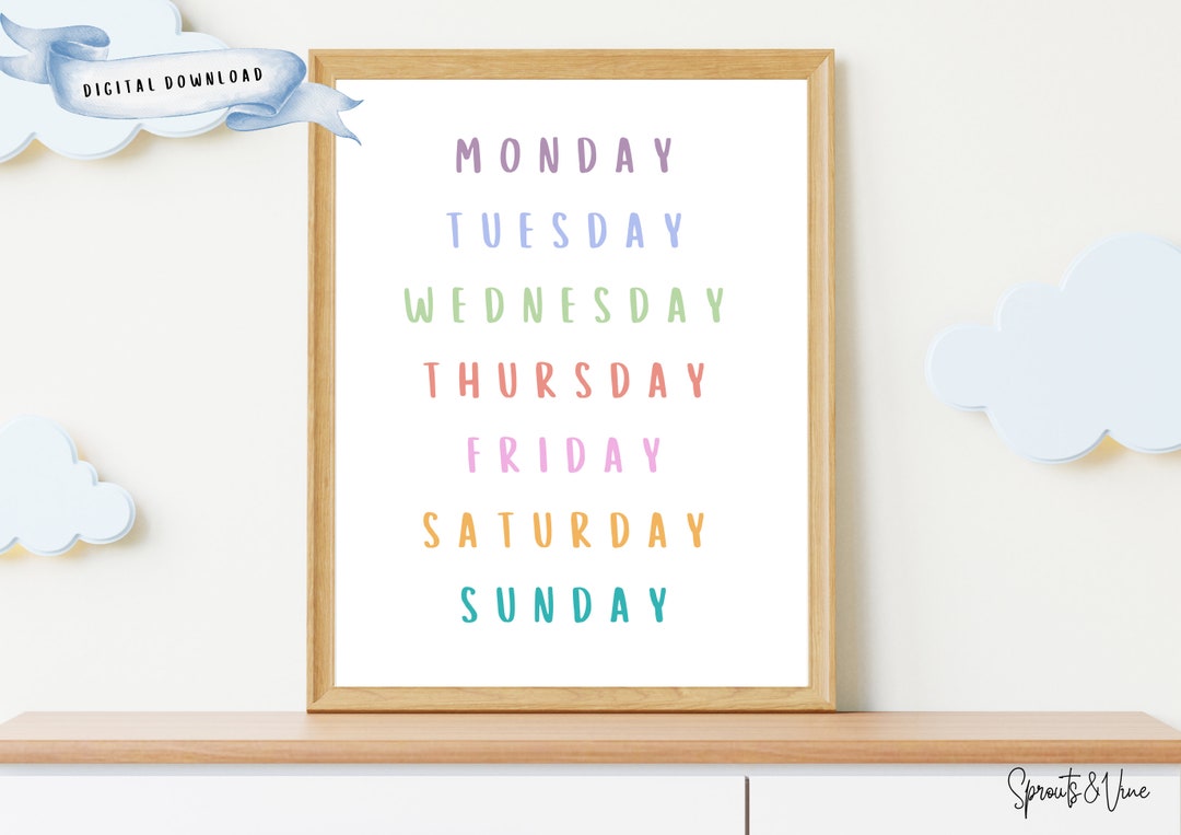Rainbow Days of the Week, Playroom Educational Poster, Rainbow Nursery ...
