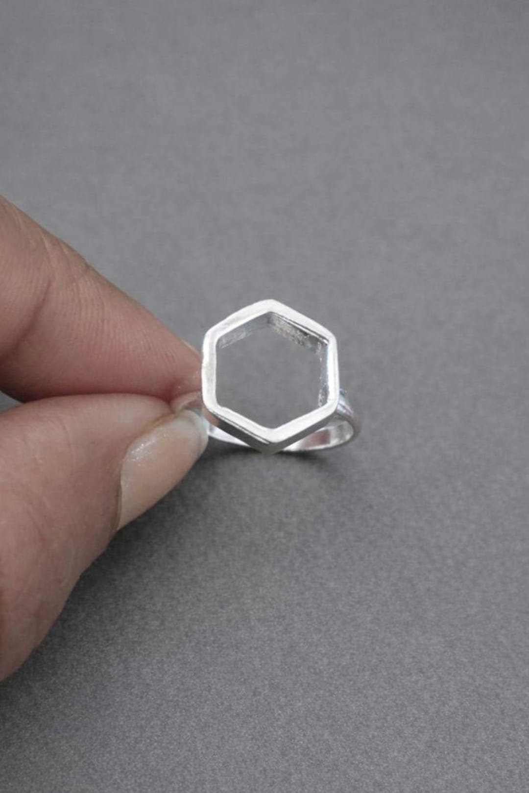 Minimalist Hexagon Ring, Geometric Silver Ring, Open Hexagon Band ...