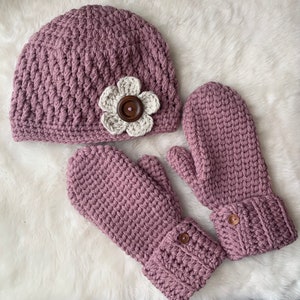 Hat and Mitten Set, Hat and Mittens for Her, Pink Crochet Hat, Winter ...