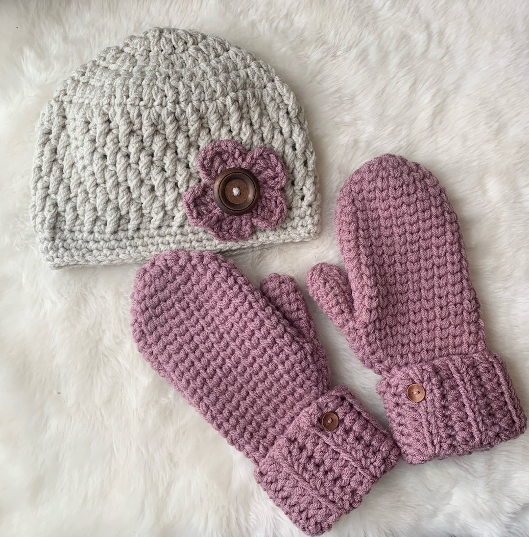 Hat and Mitten Set, Hat and Mittens for Her, Pink Crochet Hat, Winter ...