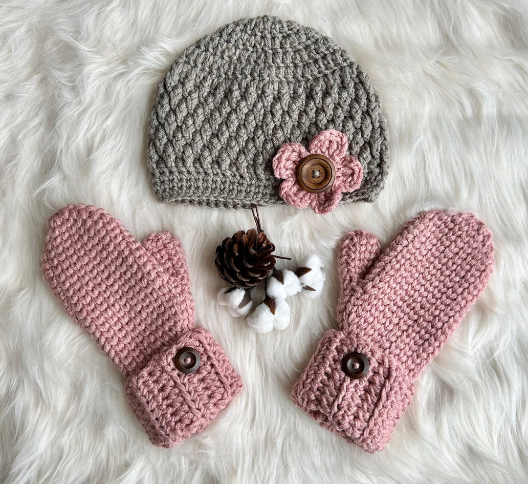 Pink Hat and Mitten Set, Grey Beanie and Mitten Set, Grey and Pink ...