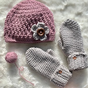 Hat and Mitten Set, Hat and Mittens for Her, Pink Crochet Hat, Winter ...