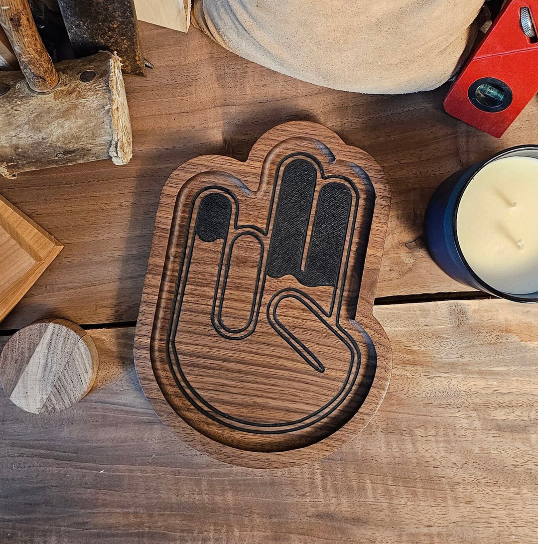 The Shocker Hand Gesture Walnut Tray Candy Dish Rustic Table Accents ...