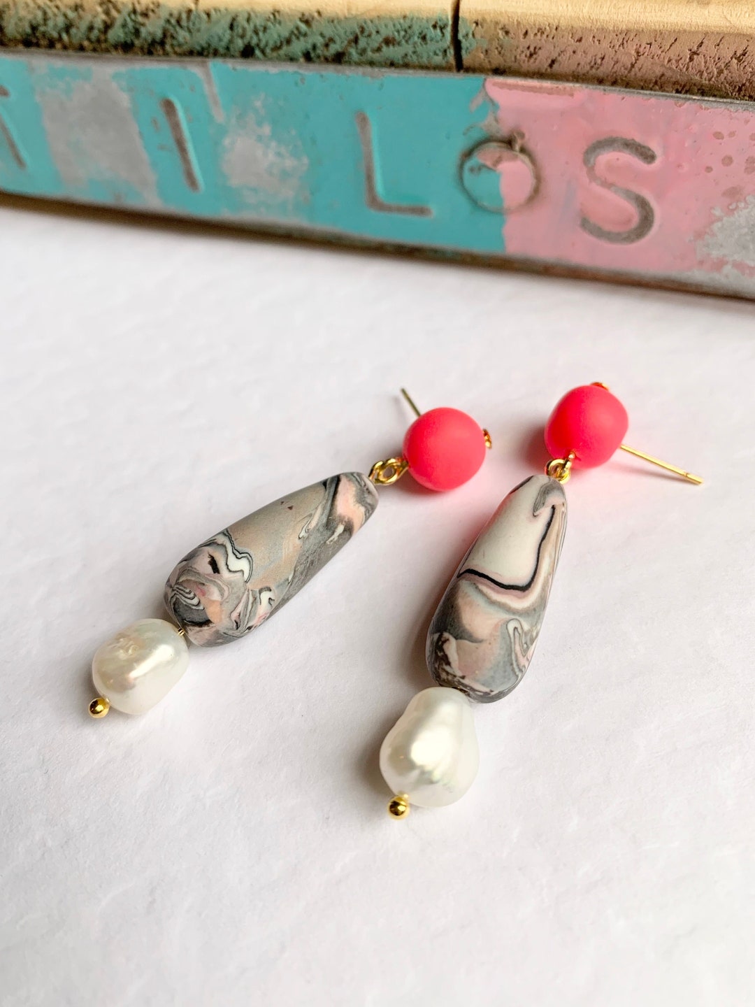 Drop Earring With Marbled & Neon Polymer Clay Beads and - Etsy