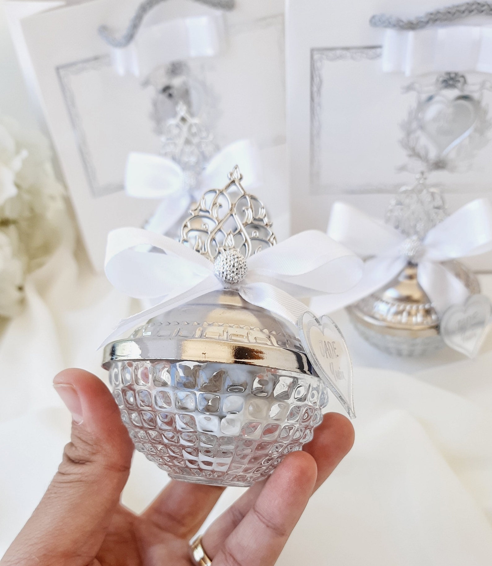 Personalized Crystal Glass Bowl Favors: Silver Wedding Engagement Gifts ...