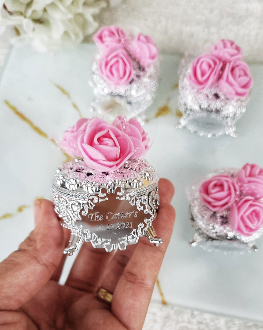 Personalized Wedding Favor Candy Boxes: Silver Plastic, Engagement ...