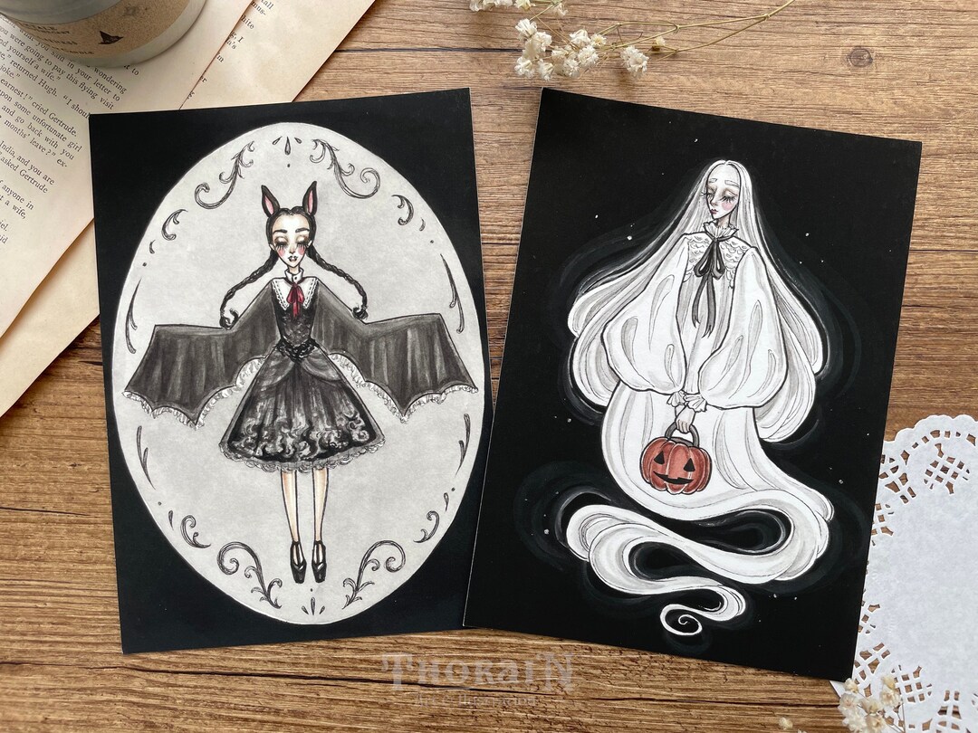 Ghoulish Girls Art Print Set Cute Spooky Halloween Wall Decor Elegant ...