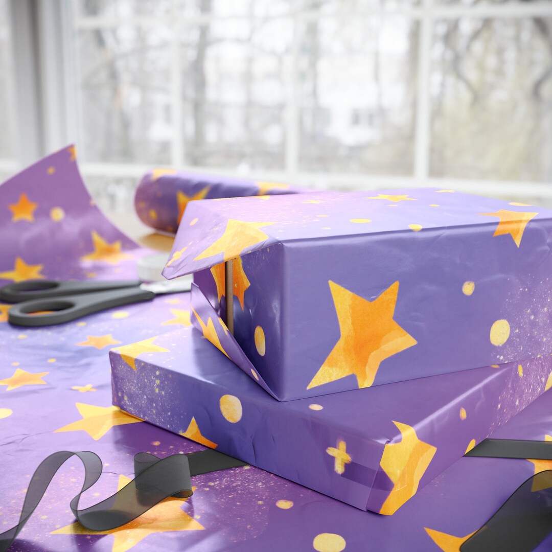 Sparkly Stars on Purple Gift Wrapping Paper for Kids Birthday Party ...