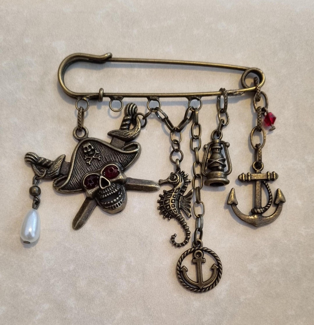 Fun Red Eyed Pirate Kilt Pin! With Skull, Crossed Swords, Anchors ...