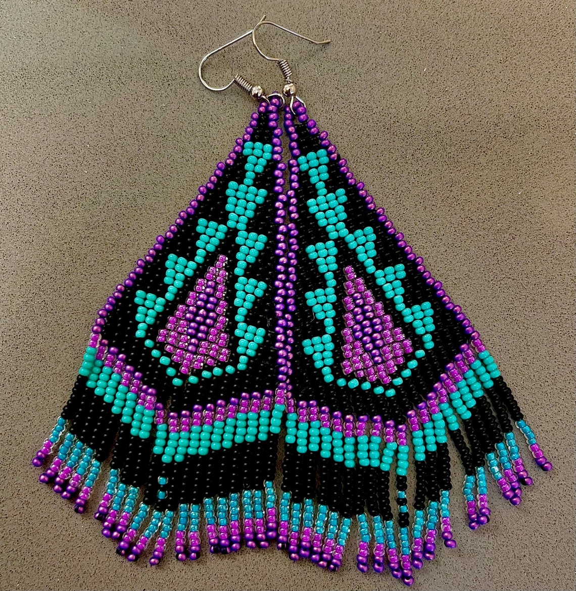 Bold Purple Teal and Black Electric Native Fringe Earrings - Etsy