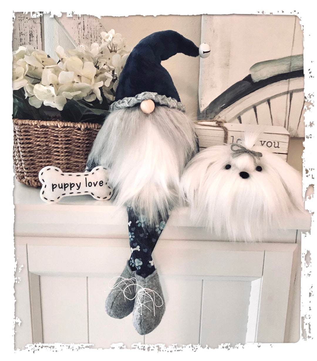 Puppy Love Gnome, Dog Lover Gnome, White Puppy Dog Gnome, Maltese, Blue ...
