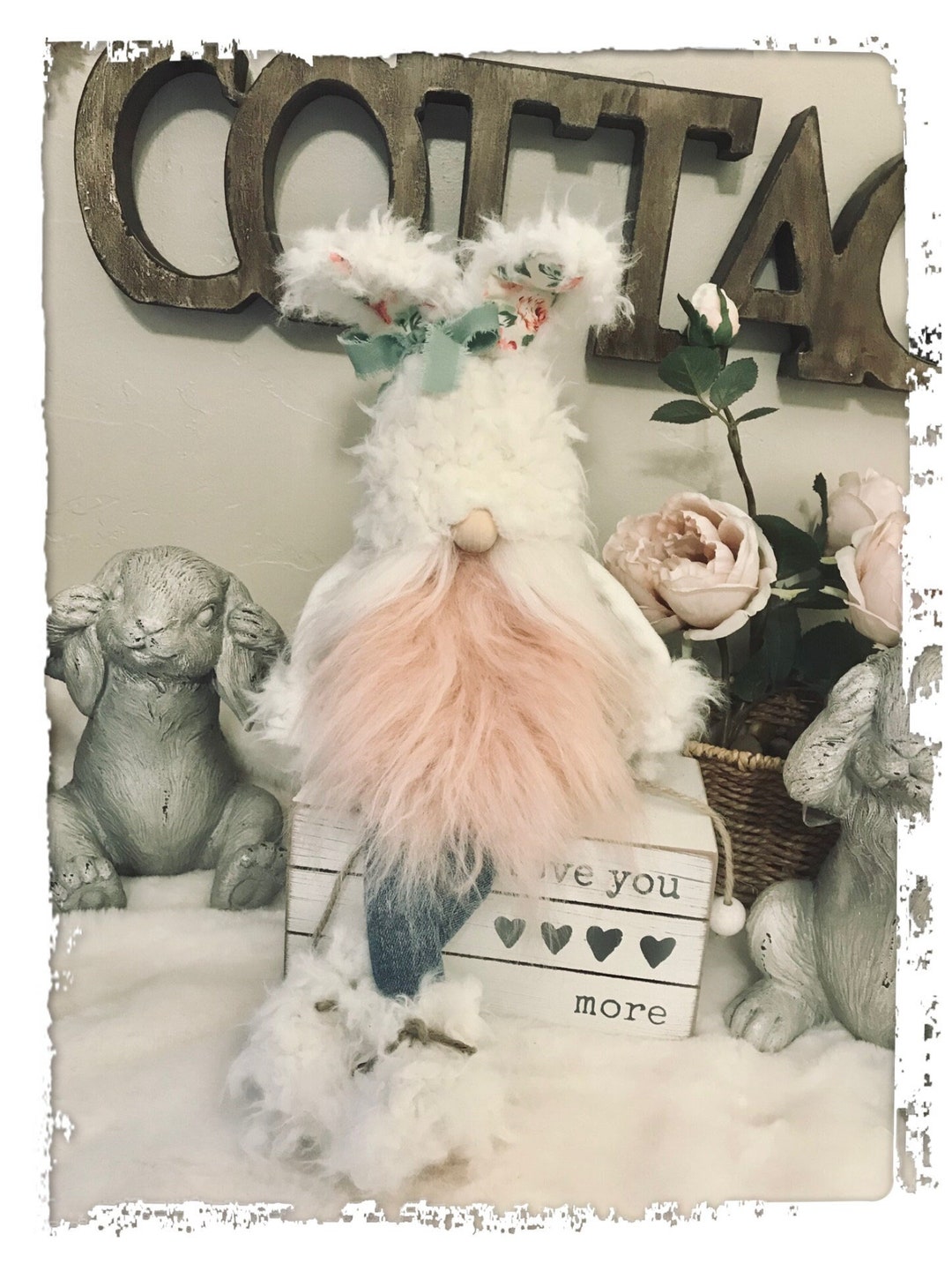 Rosy Bunny Gnome, Bunny Gnome, Rabbit Gnome, Bunny Love, Pink White ...