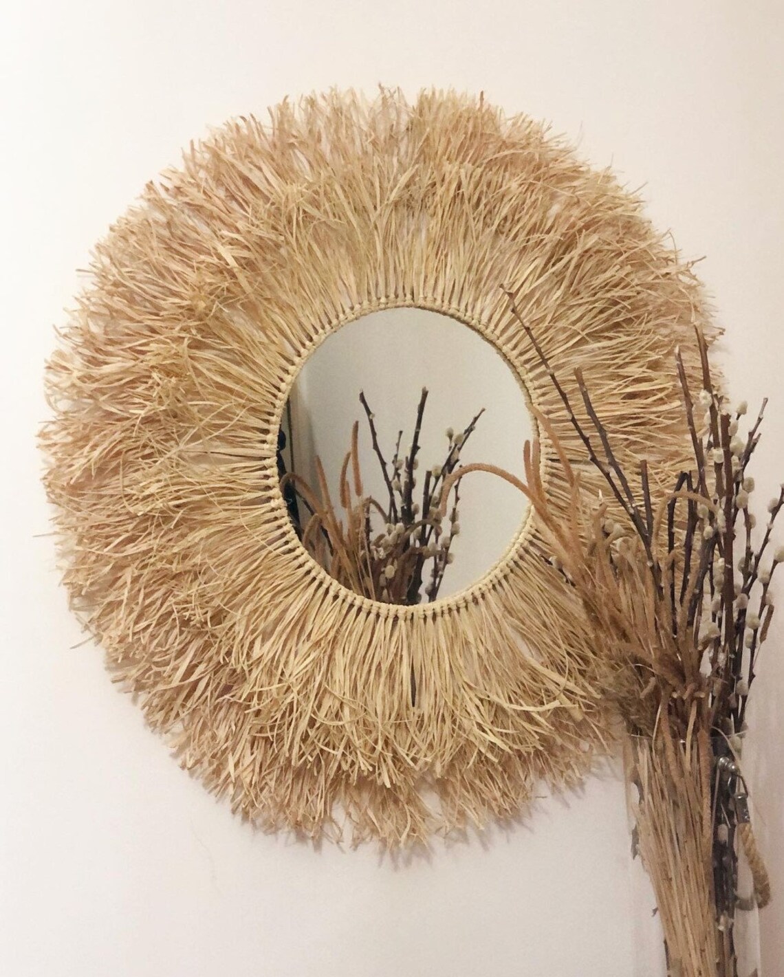 Raffia Mirror Boho Mirror Raffia Wall Decor Round Mirror - Etsy
