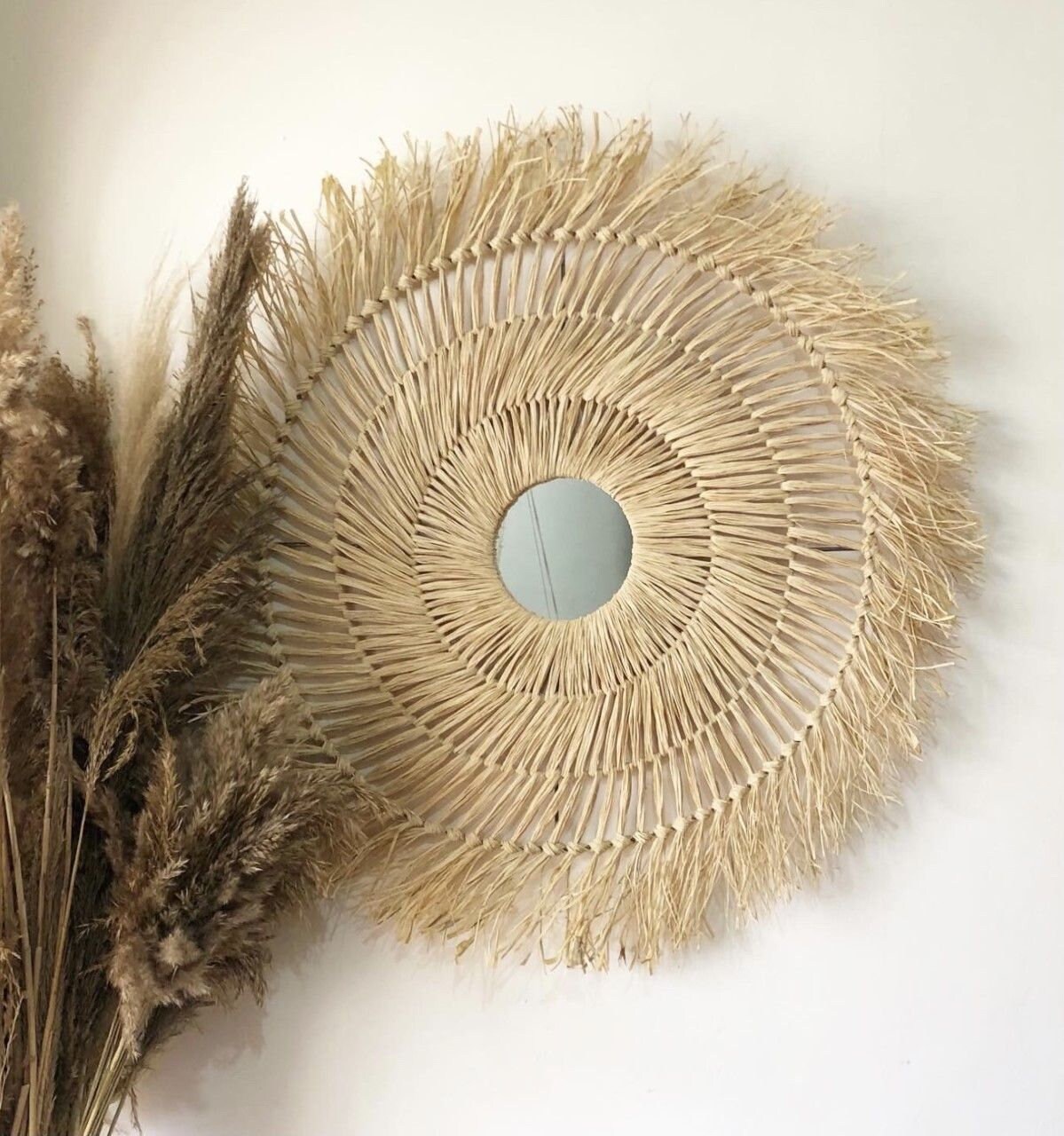 Big Raffia Mirror, Bohemian Raffia Mirror, Raffia Wall Decor, Round ...