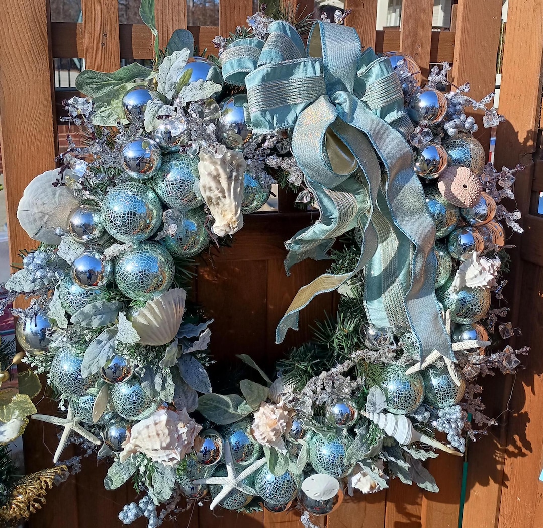 Beachy Blue Seashell Christmas Wreath, Aqua Coastal Wreath, Nautical ...
