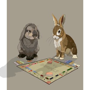 Monopoly Rabbits Print bun-opoly Hand Drawn Bunny Rabbit Artwork Home ...