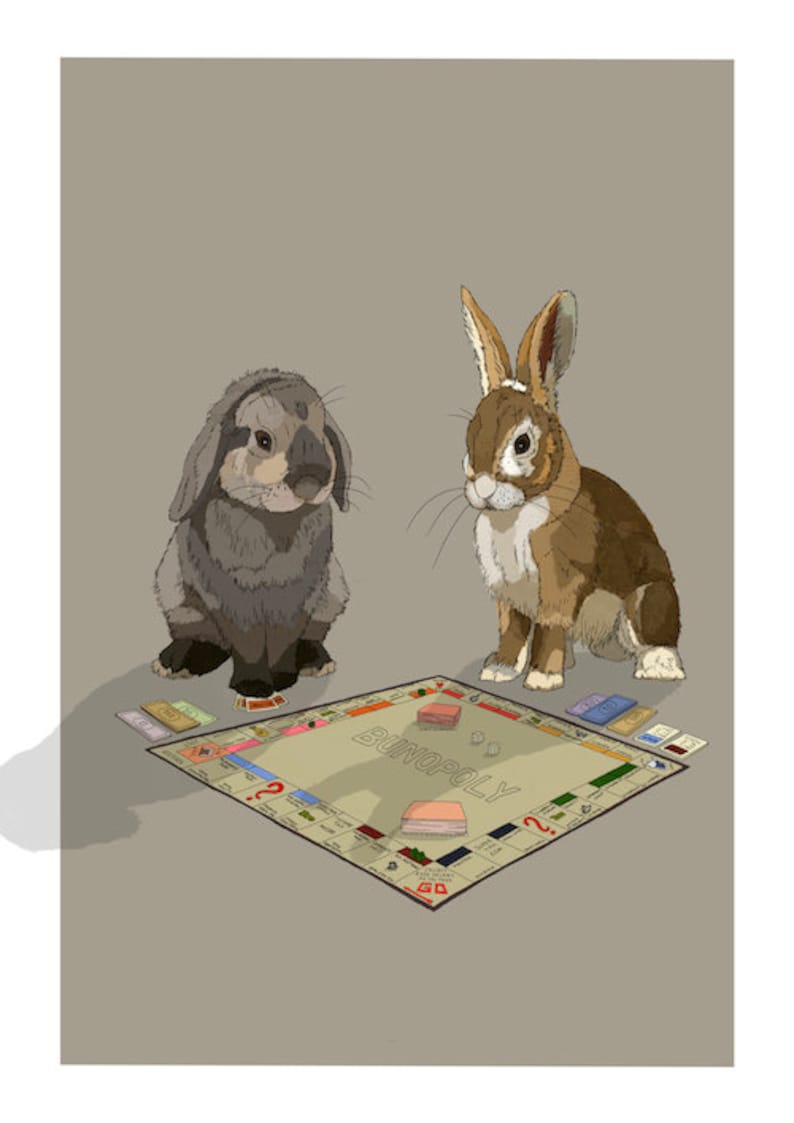 Monopoly Rabbits! Print (bun-opoly!) - Hand Drawn Bunny Rabbit Artwork ...