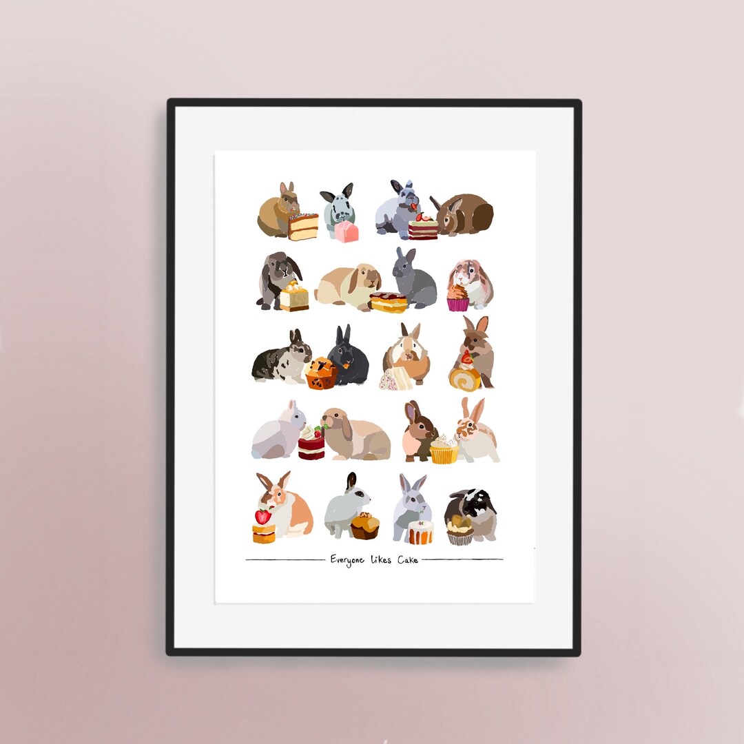 Rabbits Eating Cake Print | Hand Drawn Rabbit Artwork | Cake | Bunnies ...