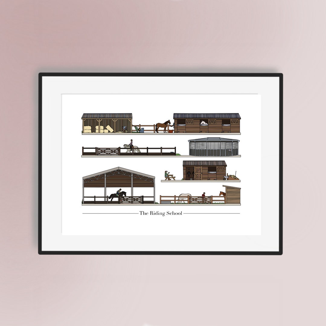 The Riding School & Stables Hand Drawn Print | Horse Art | Pony Art ...