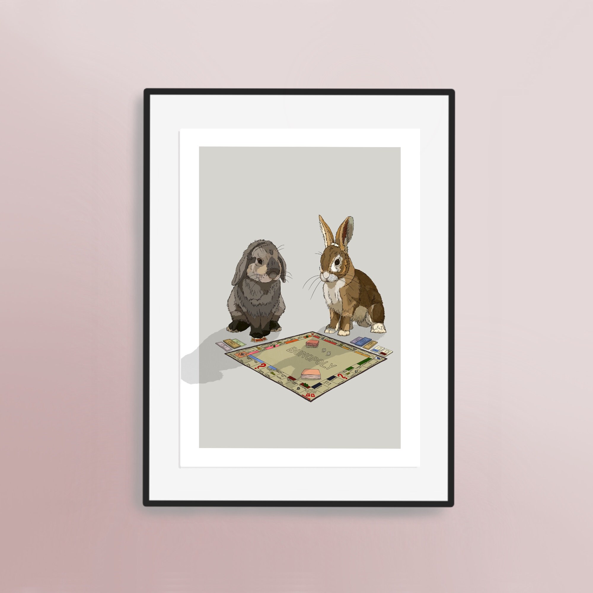 Monopoly Rabbits Print bun-opoly Hand Drawn Bunny Rabbit Artwork Home ...