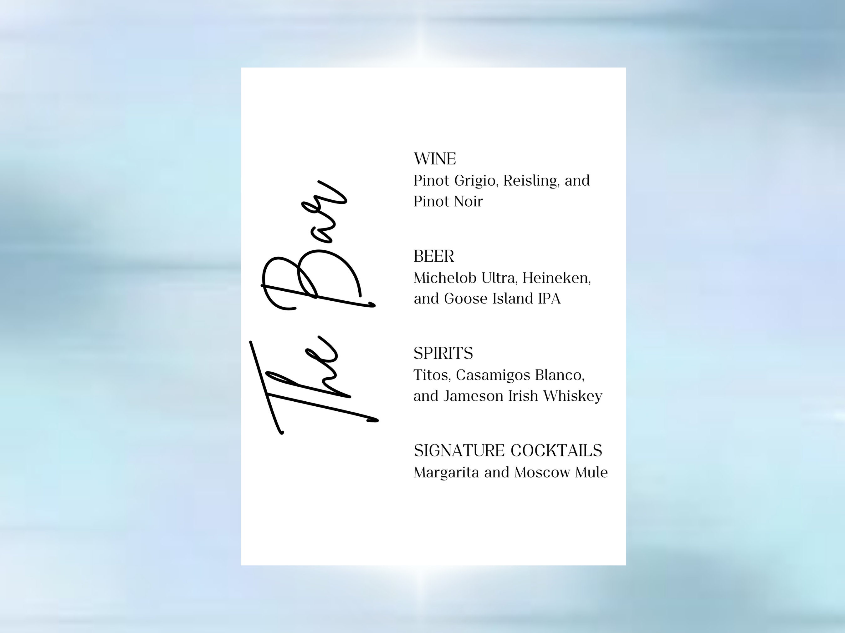 Modern Wedding Bar Menu Sign, Printable Calligraphy Bar Menu Template ...