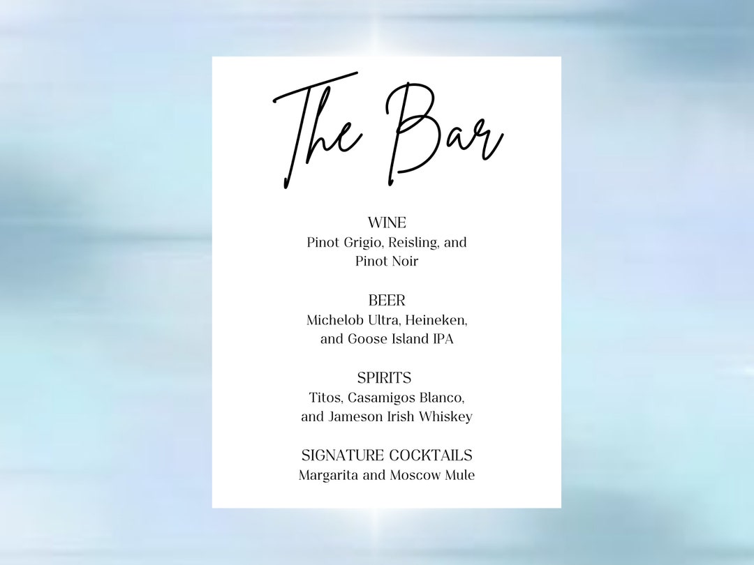 Modern Wedding Bar Menu Sign, Printable Calligraphy Bar Menu Template ...