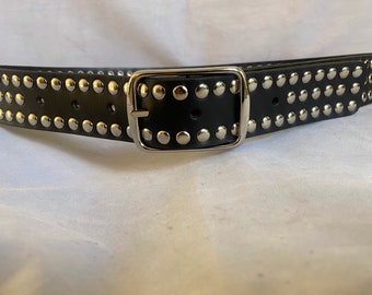 Thick Black Leather Work Belt Heavy Duty Chunky Silver Steel Oval Round ...