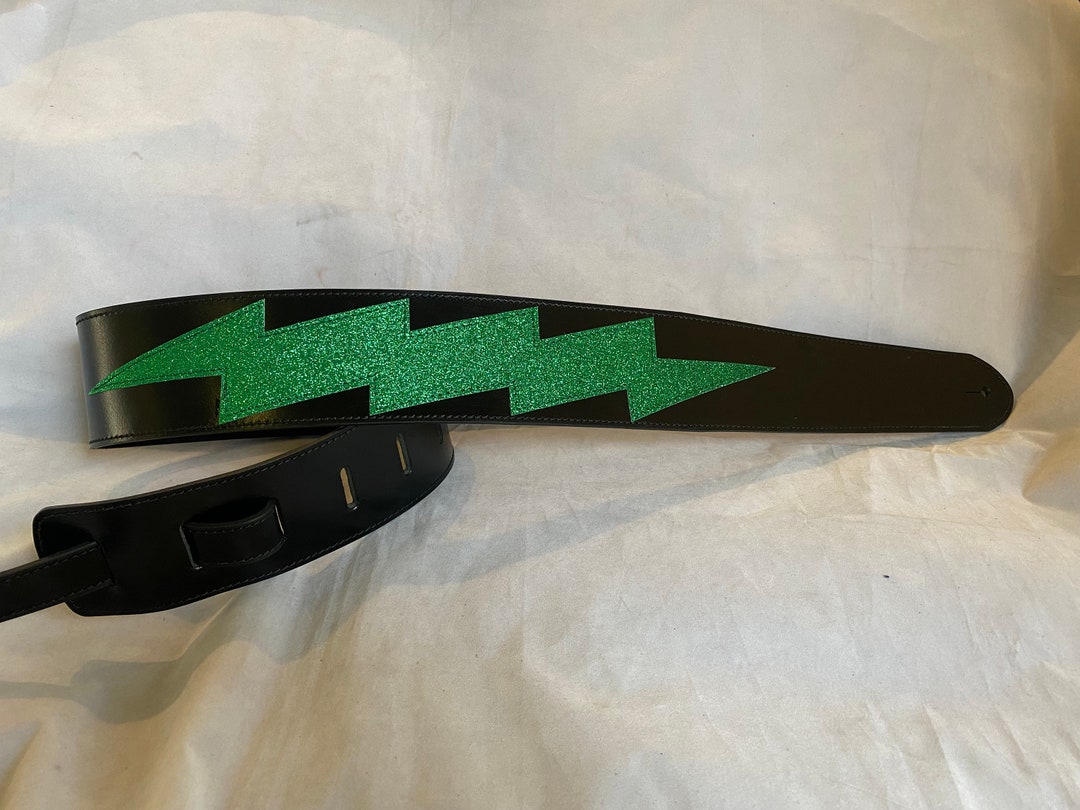 Black Leather / Green Sparkle Lighting Bolt Guitar Strap - Etsy