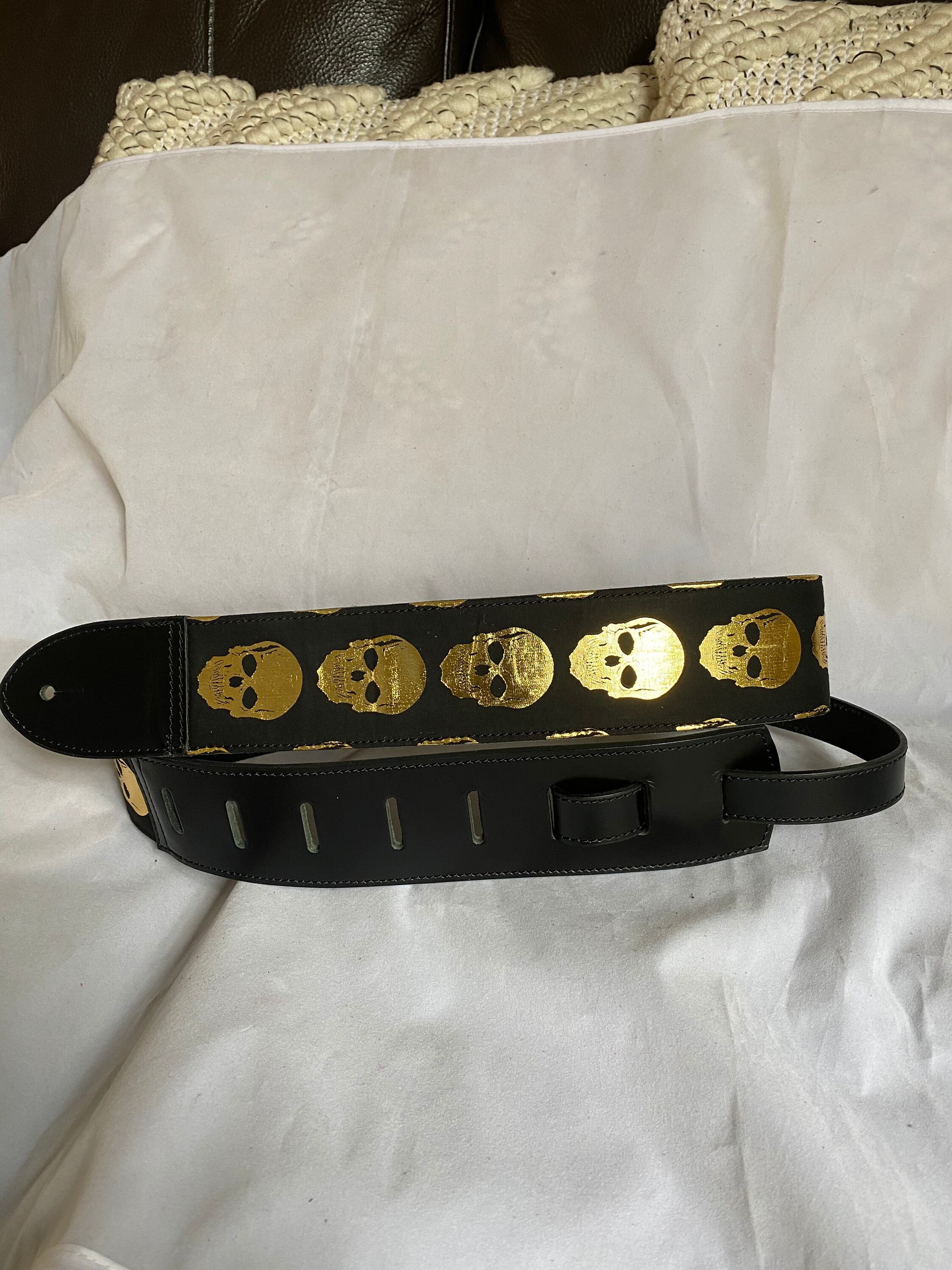 Black Leather Gold Skull Guitar Strap | Etsy