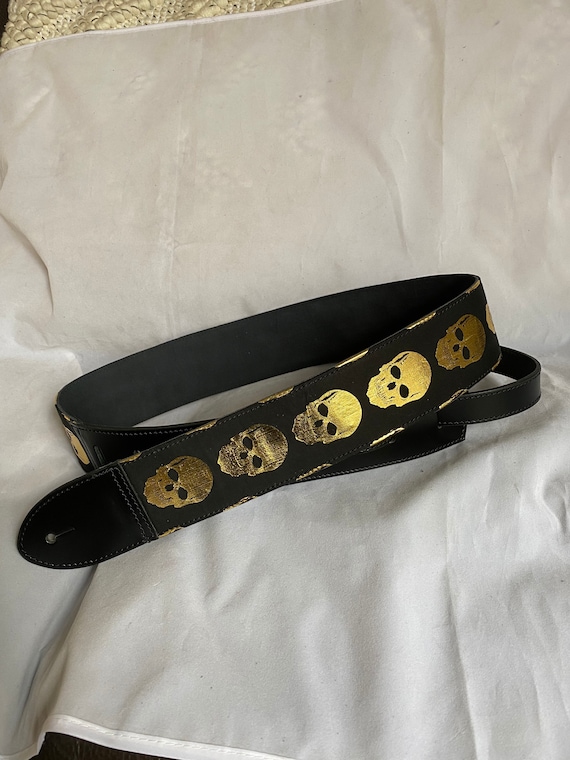 Black Leather Gold Skull Guitar Strap | Etsy