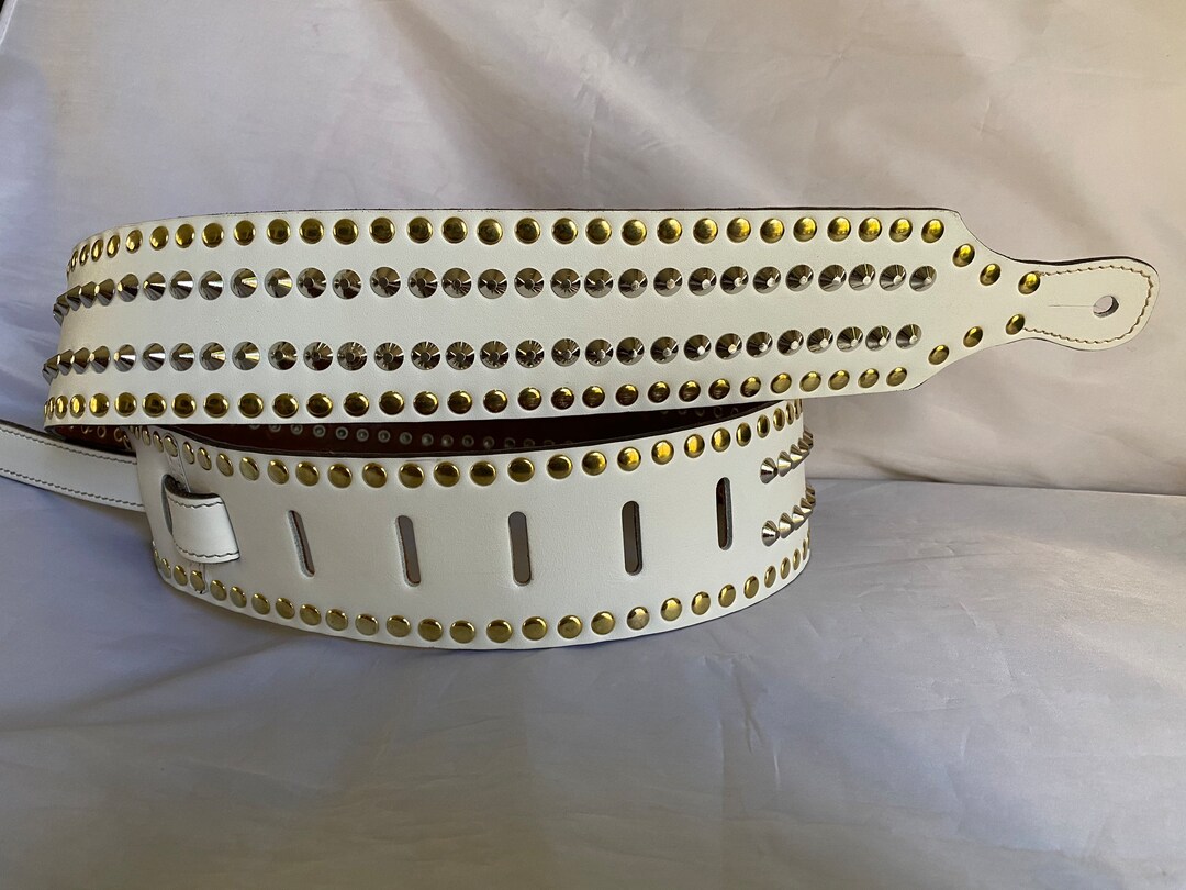 White Fully Studded Leather Guitar Strap - Etsy