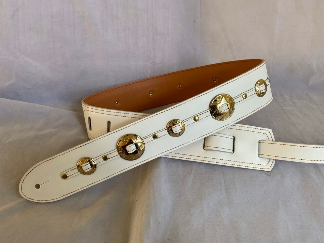 White Leather With Gold Conchos Guitar Strap - Etsy