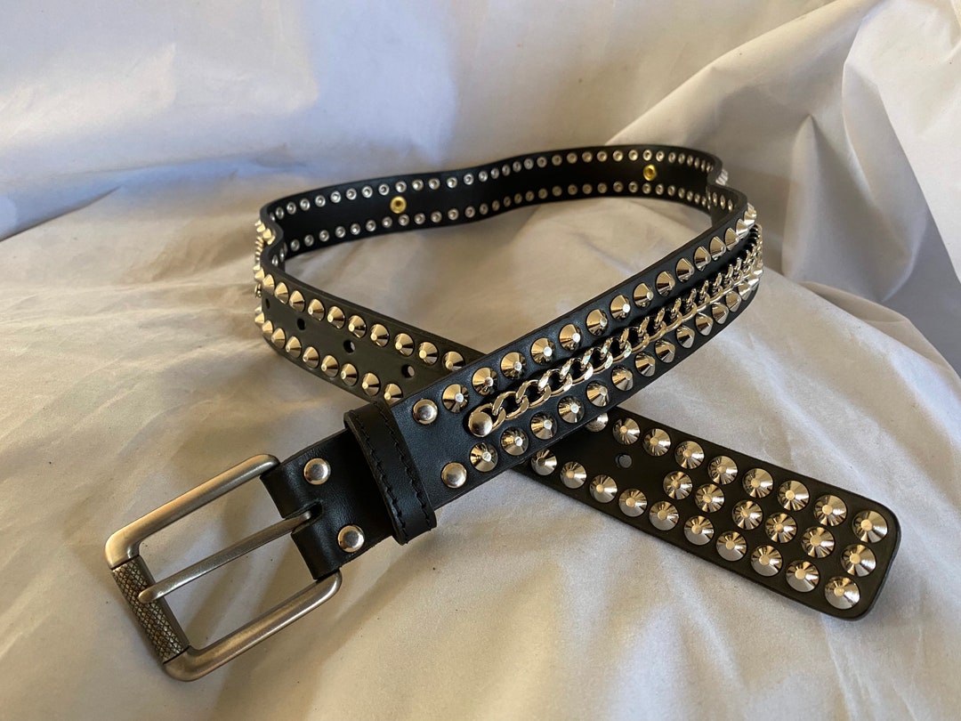 Black Leather Studded and Chain Belt - Etsy