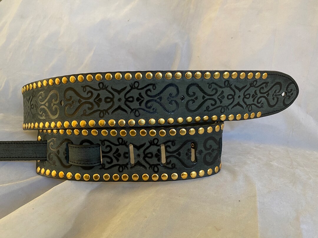 Genuine Black Leather Edge Studded Guitar Strap - Etsy