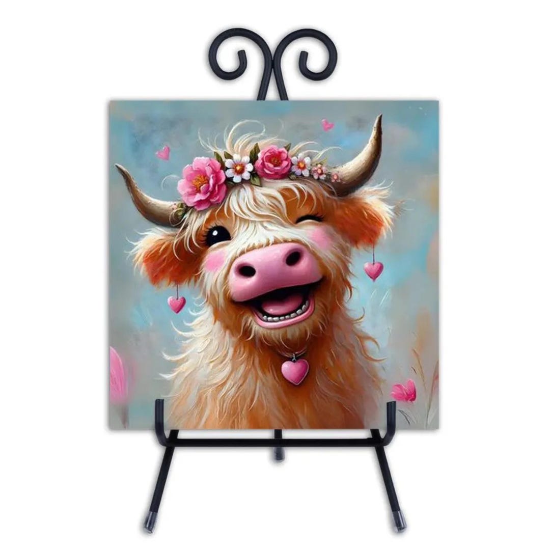 Valentine Winking Highland Cow With Floral Crown Ceramic Photo Tile ...