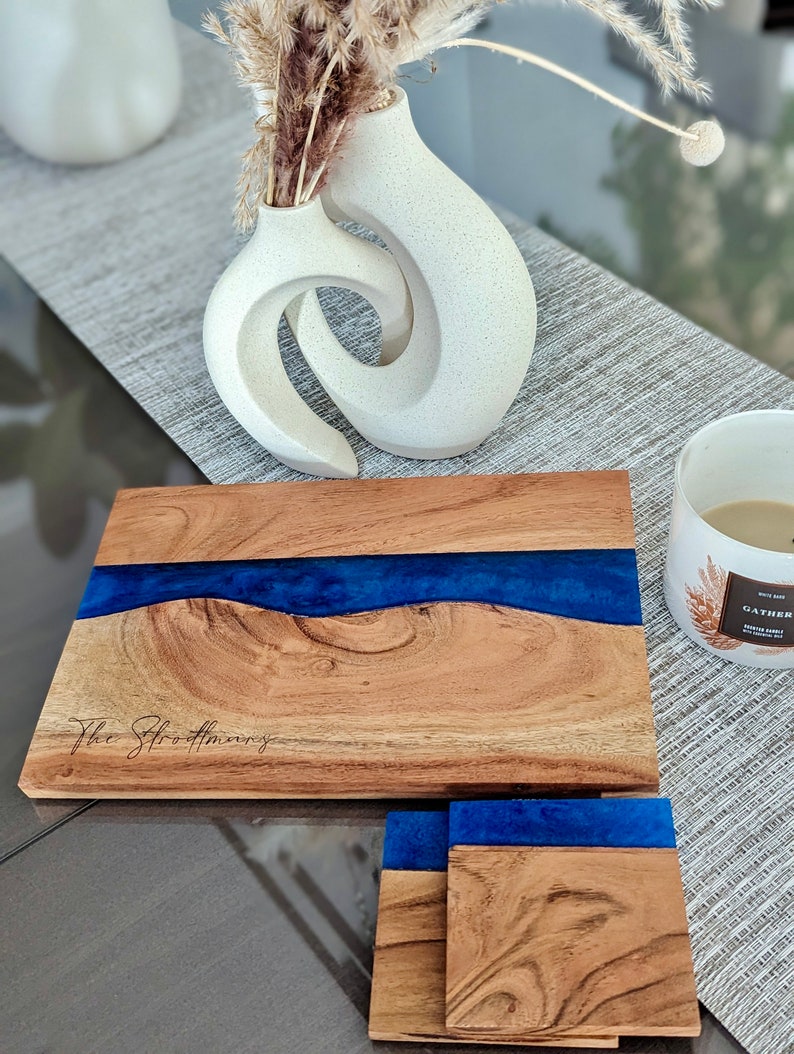 Personalized Wedding Blue Epoxy River Cutting Board & Coaster Set ...