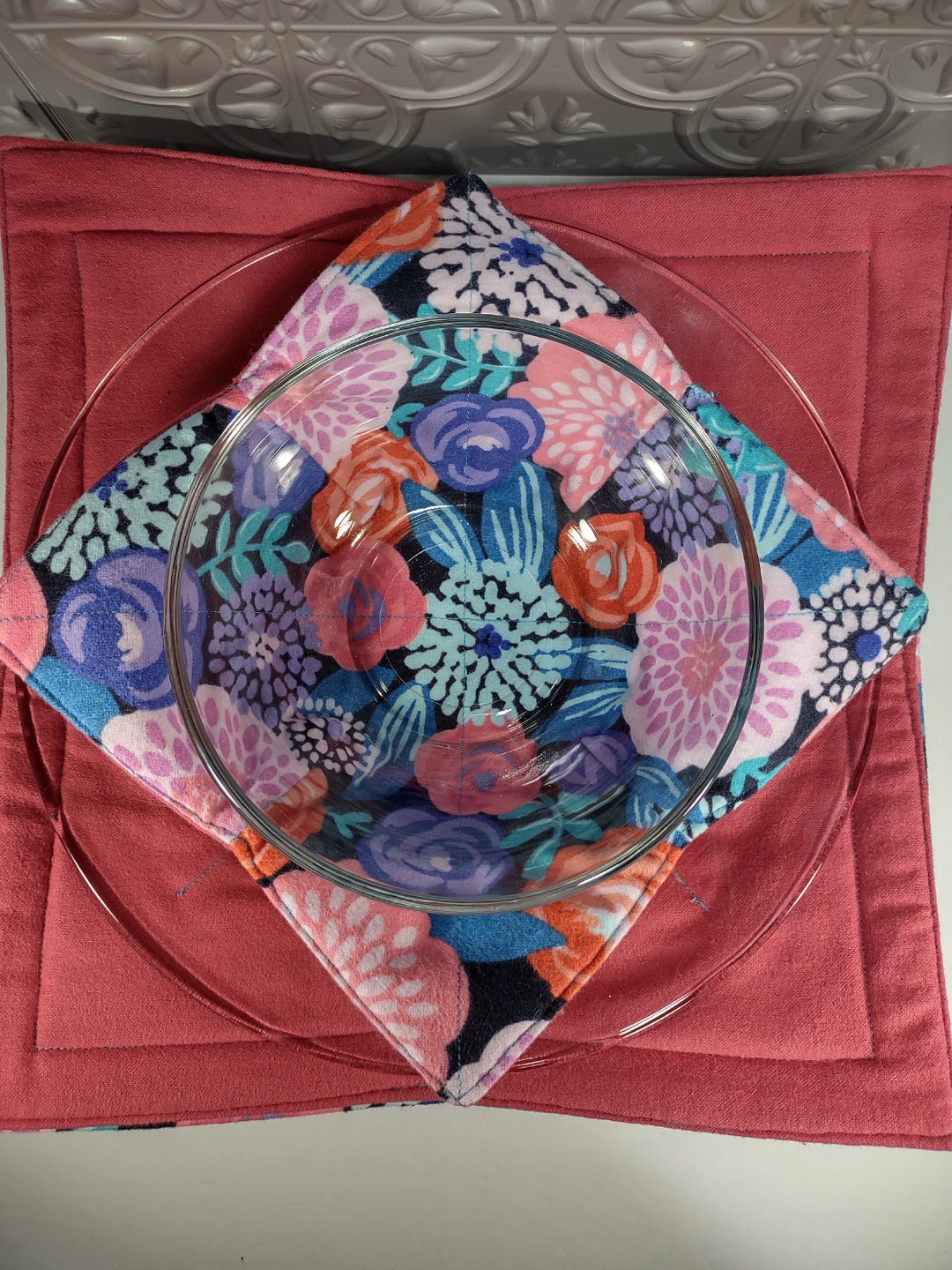 Hot Bowl and Plate Cozy Set Microwavable Reversible Set Floral Fabric ...