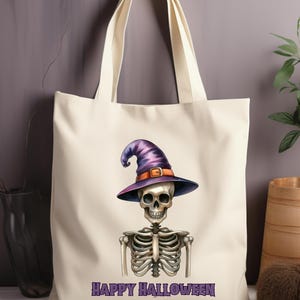 Spooky Cute Skeleton Halloween Tote Durable Cotton Canvas Bag 15 X 16 ...