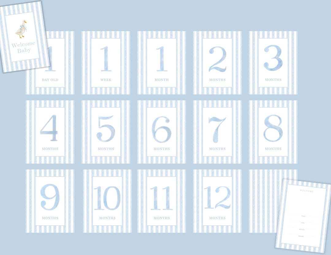 Blue and White Monthly Milestone Cards | Classic Pinstripe Watercolor ...