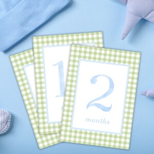 Blue and Green Gingham Watercolor Monthly Milestone Cards | Baby ...