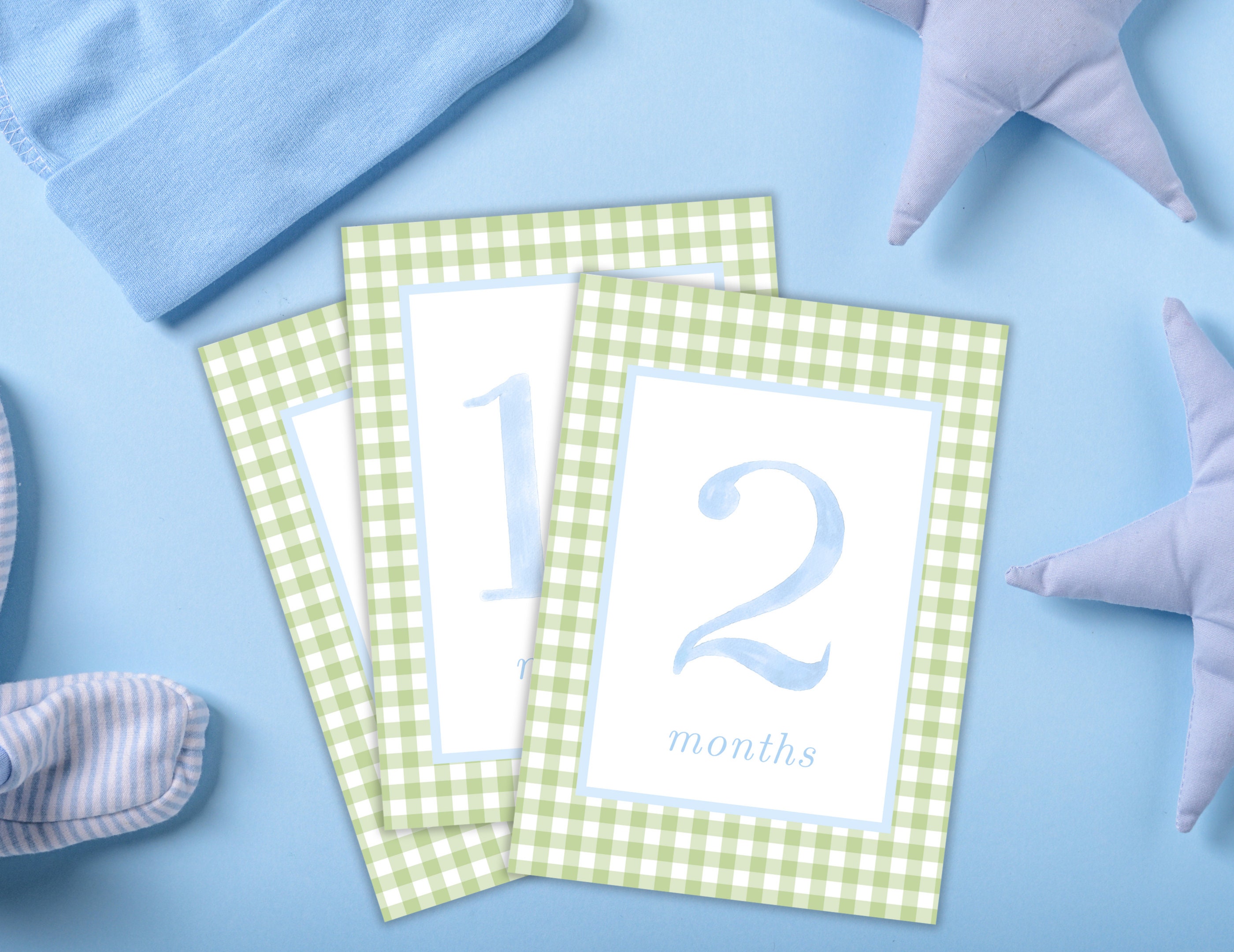 Blue and Green Gingham Watercolor Monthly Milestone Cards | Baby ...