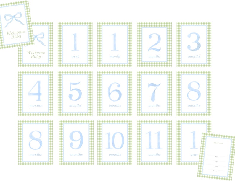 Blue and Green Gingham Watercolor Monthly Milestone Cards | Baby ...